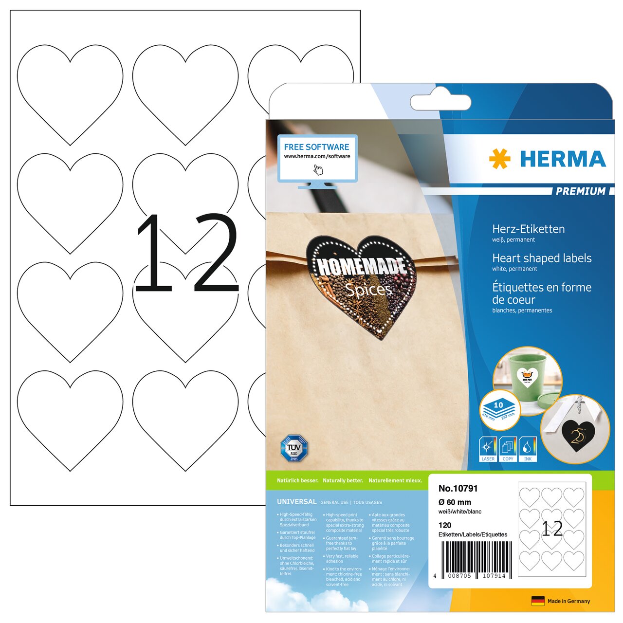 Heart shaped labels, White, 60mm, Permanent adhesive, Heart [120 label